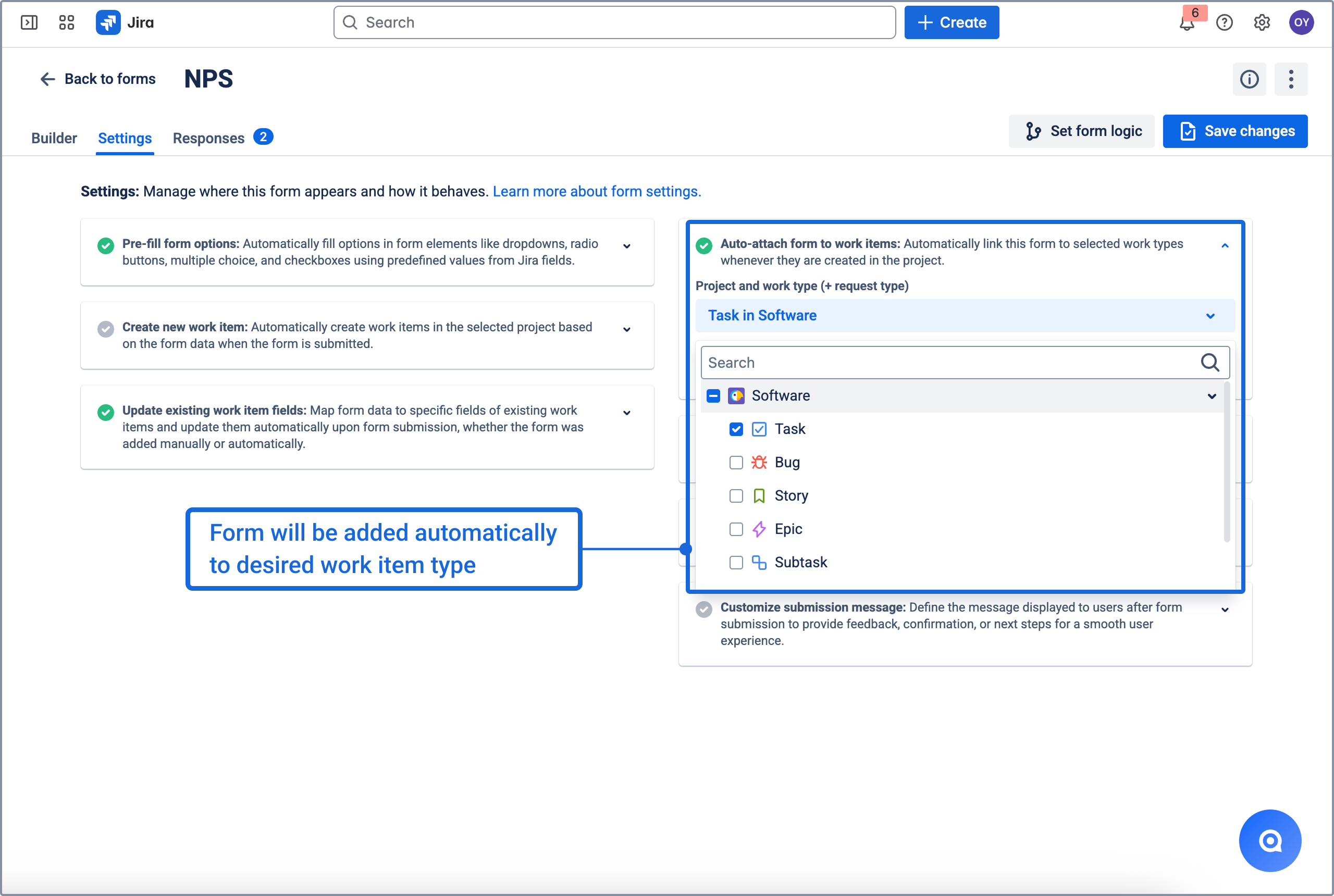 Auto-attach form to work item